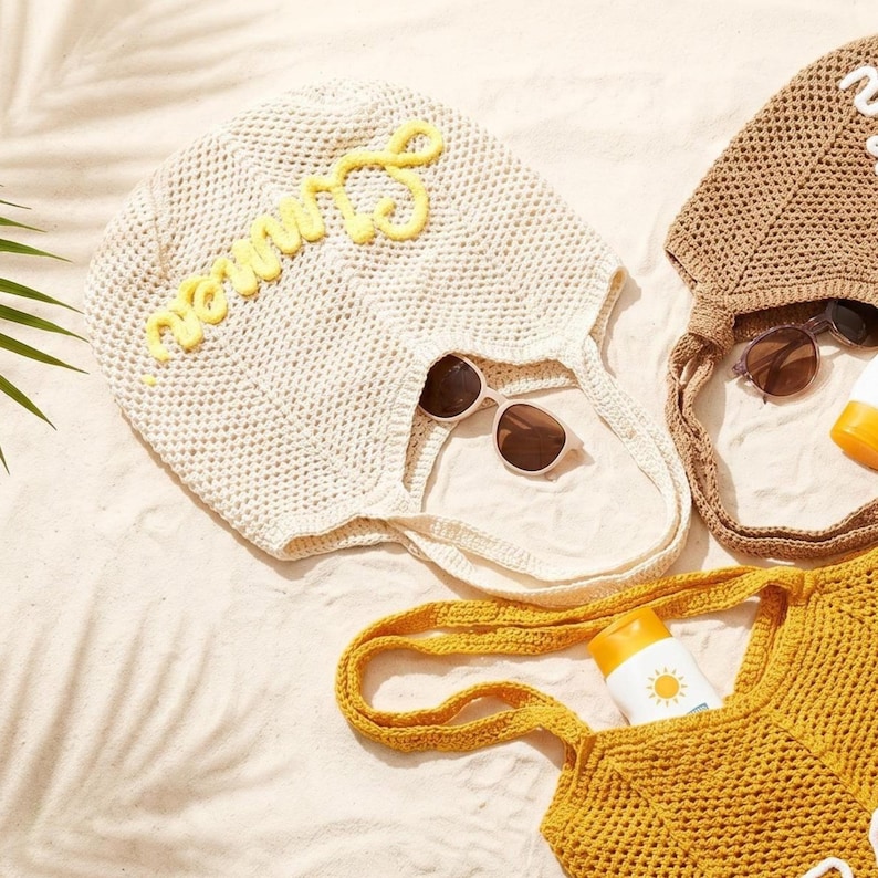 Personalized Crochet Beach Bag, Knitted Cotton Rope Tote, Boho Summer ...