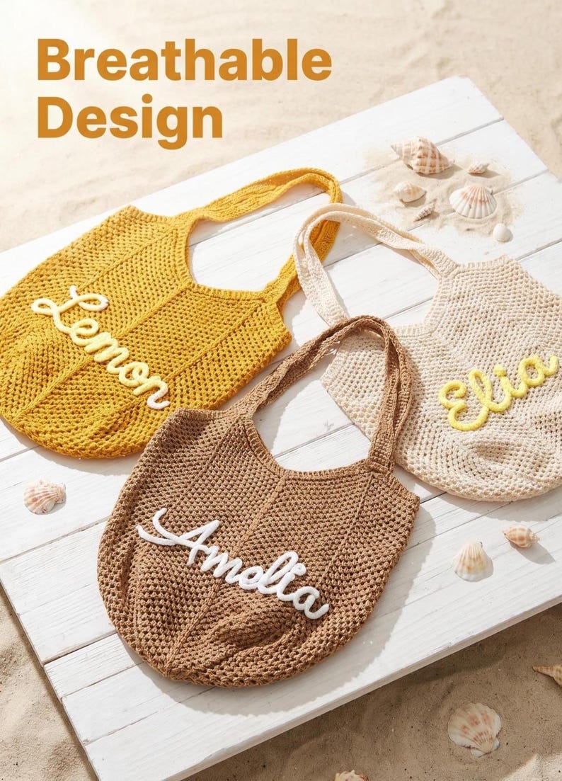 Personalized Crochet Beach Bag, Knitted Cotton Rope Tote, Boho Summer ...