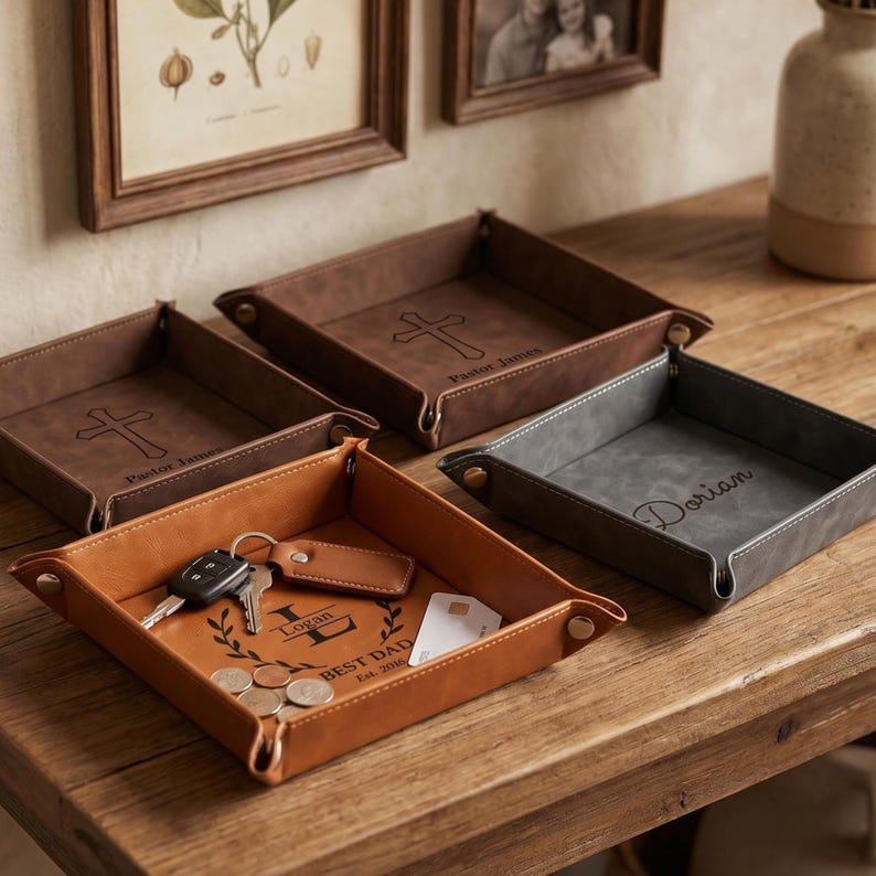 Personalized Leather Valet Tray, Custom Engraved Catchall Organizer ...