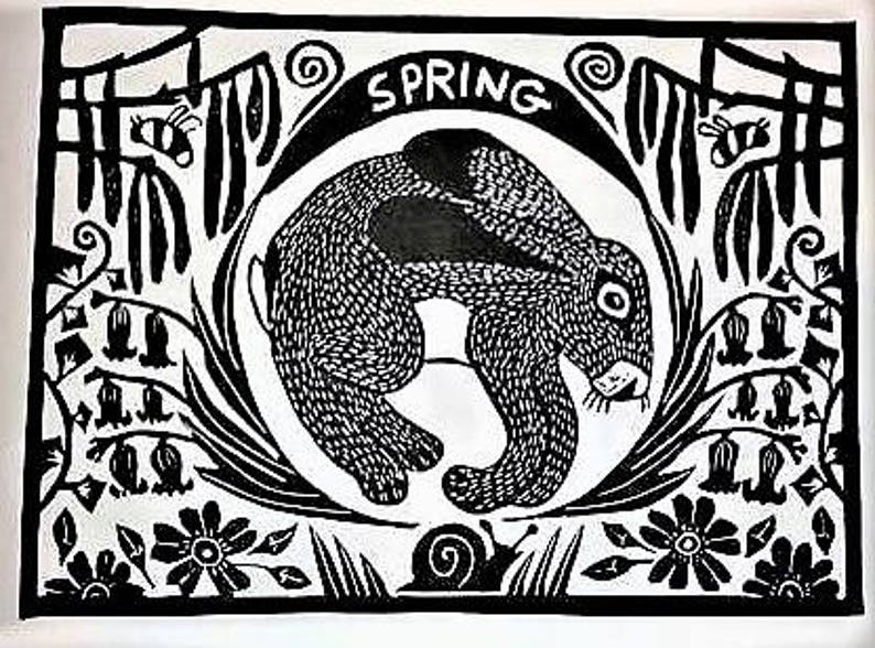 Part 1 of 4 Seasons Series Spring Hare Lino Print Limited Edition ...