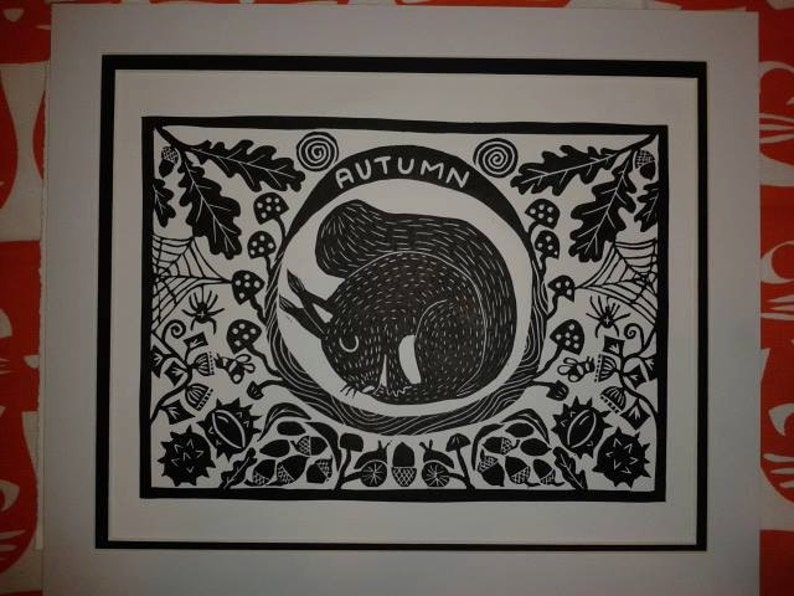 Part 3 of 4 Seasons Series Autumn Squirrel Lino Print Limited Edition ...