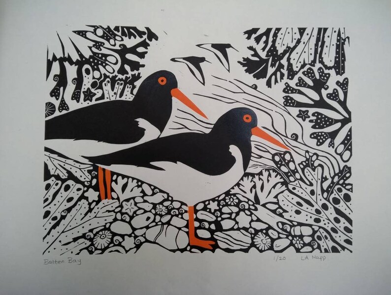 Batten Bay Oystercatchers and Seashore Limited Edition Original Linocut ...