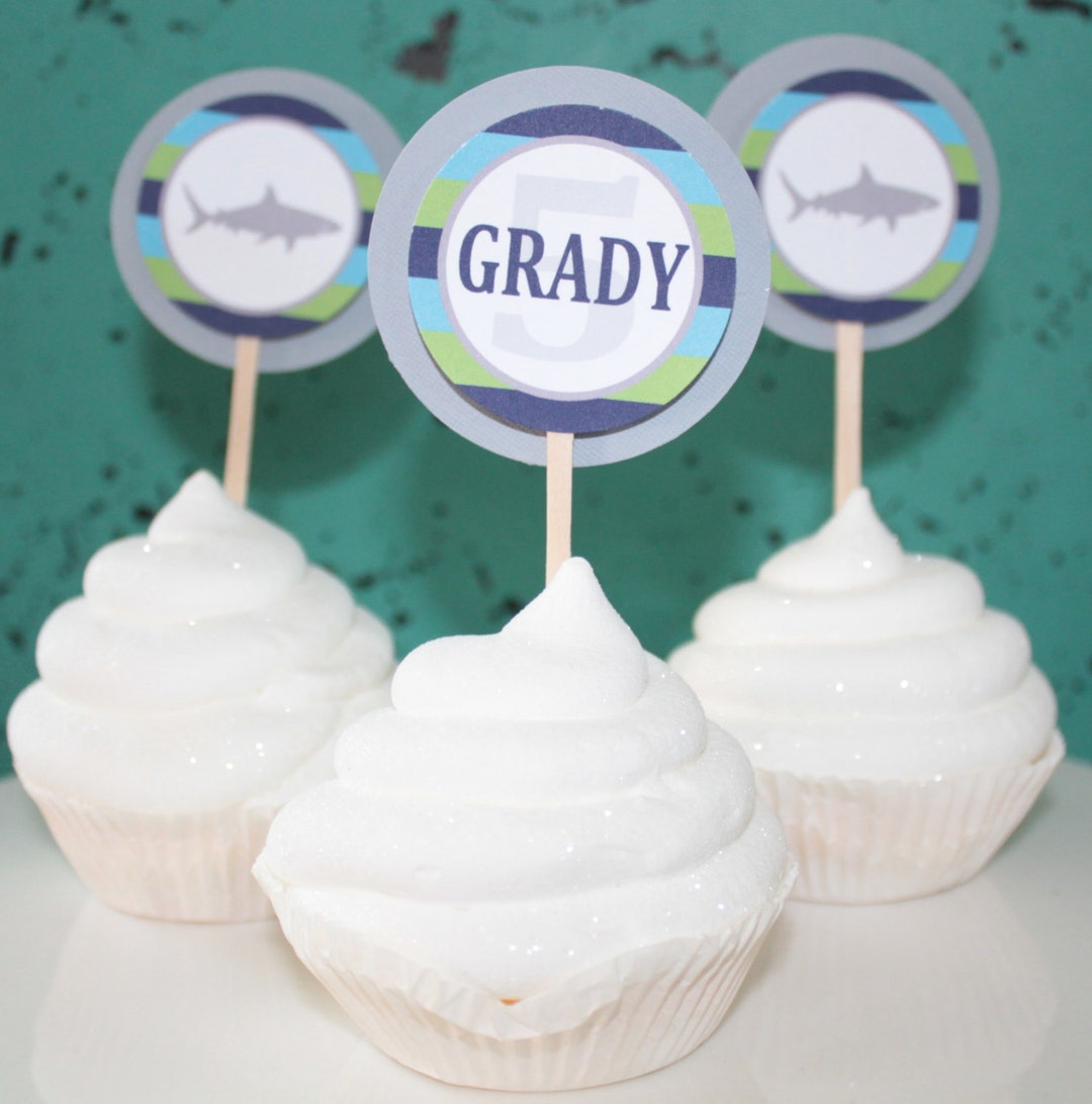 PREPPY SHARK Happy Birthday or Baby Shower Party Cupcake Toppers You ...