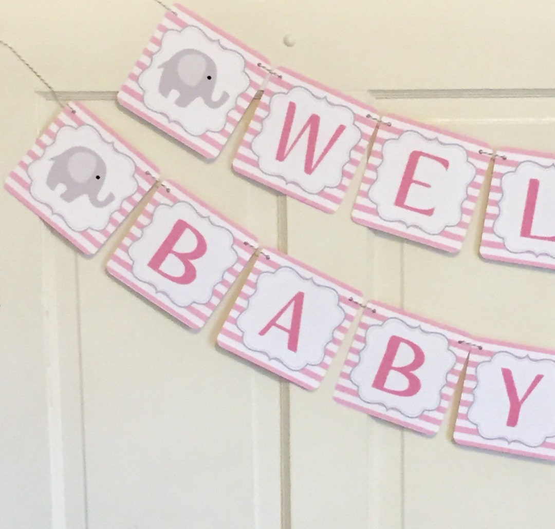 BABY GIRL ELEPHANT Welcome Baby Girl Baby Shower Party Banner Pink Grey ...
