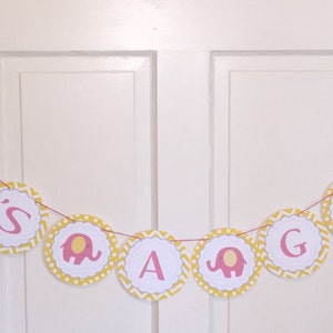 GIRLY ELEPHANT Happy Birthday or Baby Shower Party Banner Pink Yellow ...