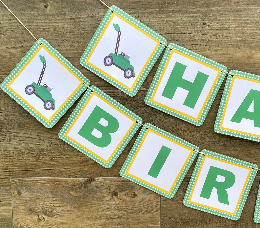 LAWNMOWER MOWER Happy Birthday or Baby Shower Party Banner Green Yellow ...