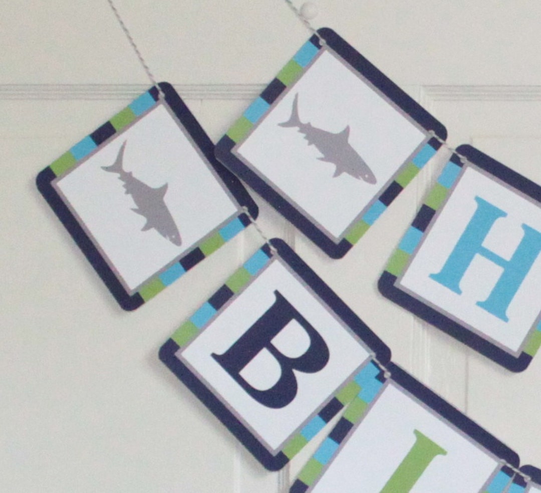 PREPPY SHARK Happy Birthday or Baby Shower Party Banner Navy Green Blue ...
