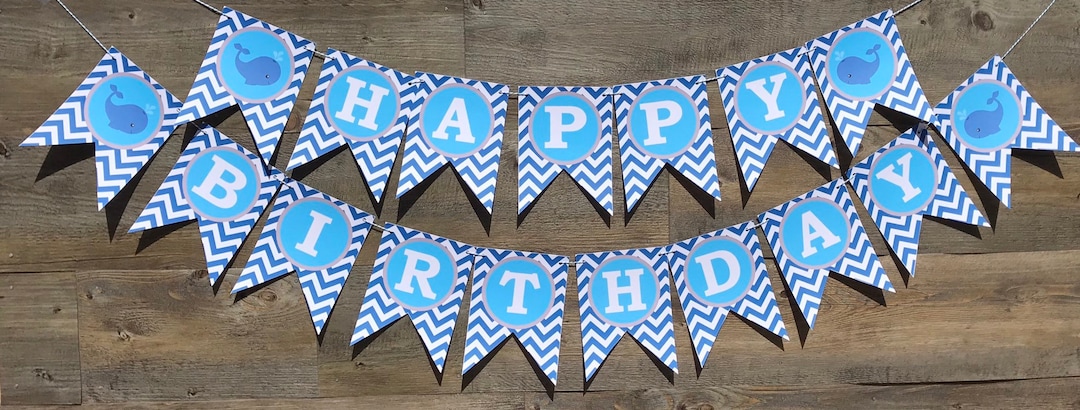 CHEVRON WHALE Theme Happy Birthday or Baby Shower Banner Blue Party ...