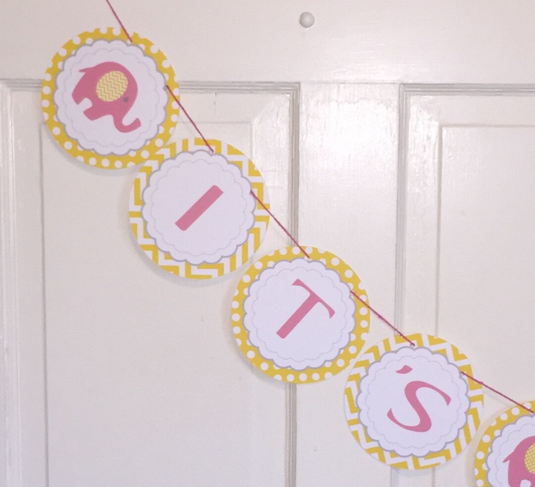 GIRLY ELEPHANT Happy Birthday or Baby Shower Party Banner Pink Yellow ...