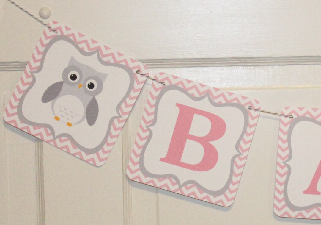 MOD OWL Theme Baby Shower or Happy Birthday Party Banner Chevron Pink ...