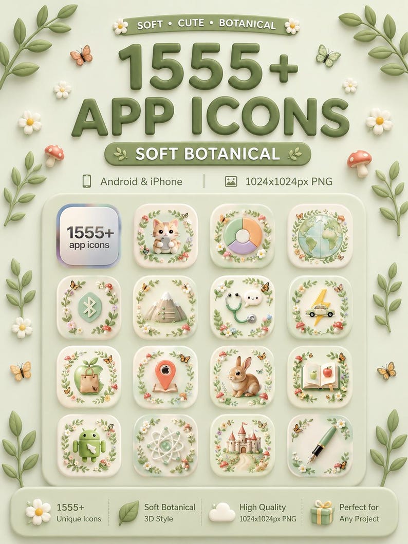 Soft Botanical App Icons | Sage Green Floral iPhone Android (digital ...