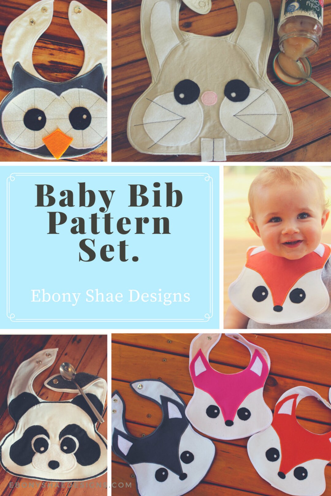 Baby Bib Sewing PATTERN Set. Fox Bib, Rabbit Bib, Owl Bib and Panda Bib ...