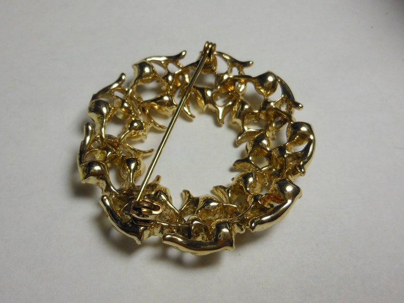 Rhinestone Circle Pin Brooch With Gold Leaves Late 1950s Etsy