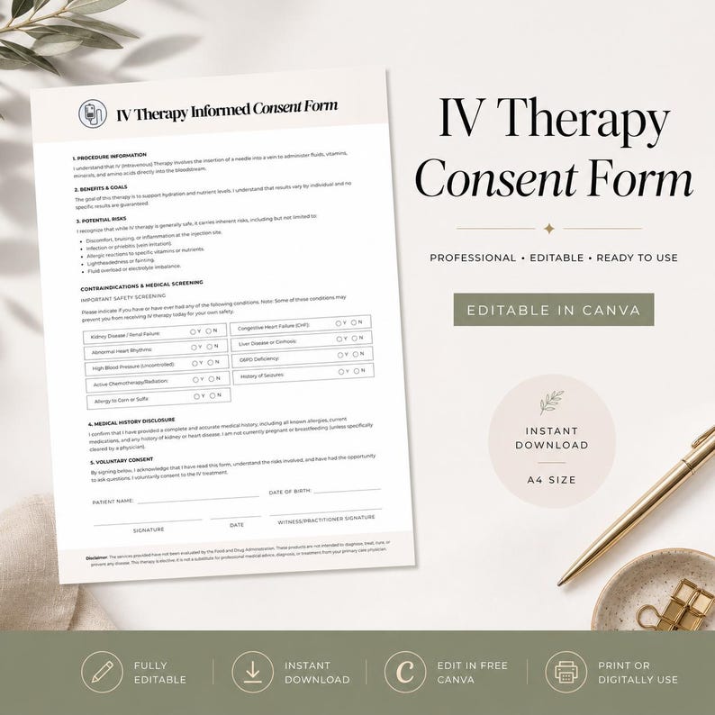 IV Therapy Template, Editable, IV Therapy Consent, Intravenous Therapy ...