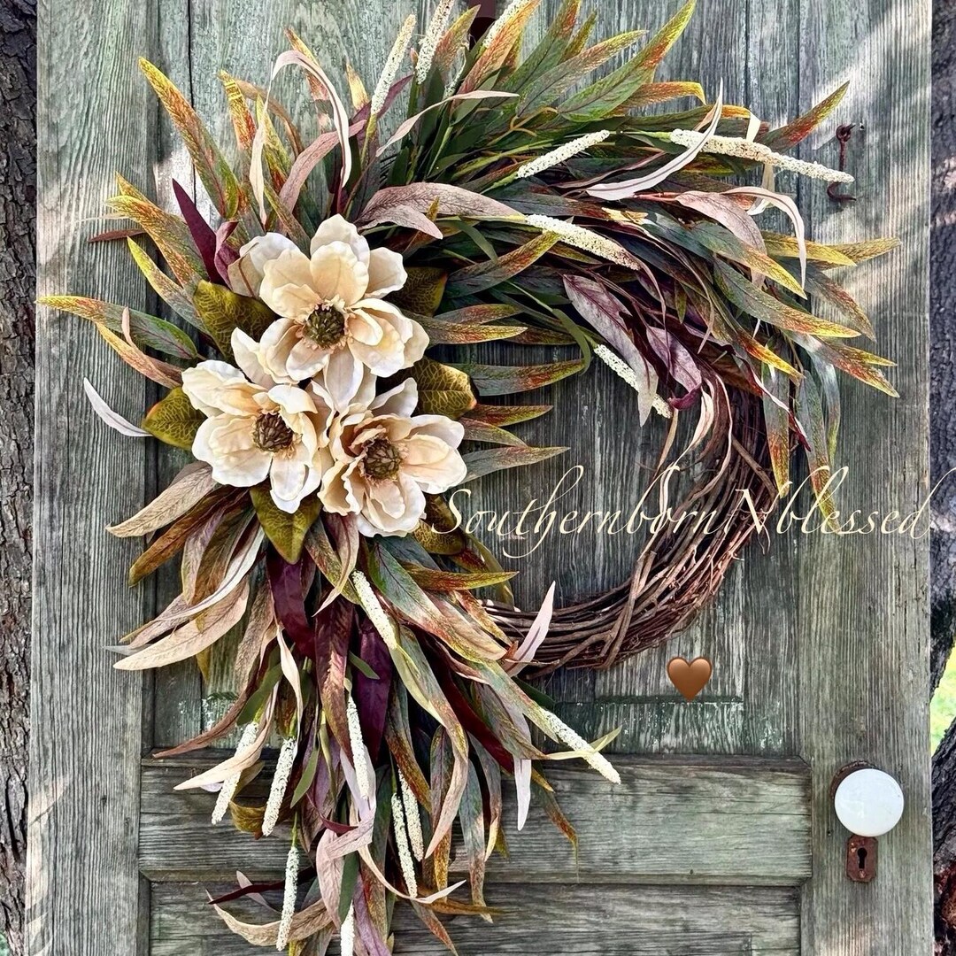 Cascading Year Round Wreath With Cream Magnolias, Neutral Door Decor ...