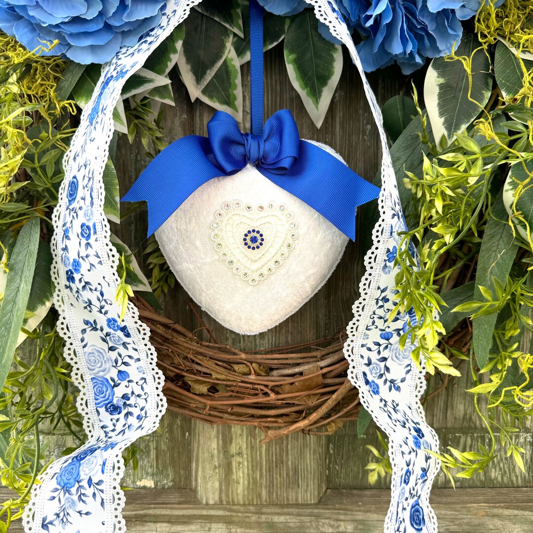 Blue Wreath With Bauble and Blue Chinoiserie Ribbon, Farmhouse ...