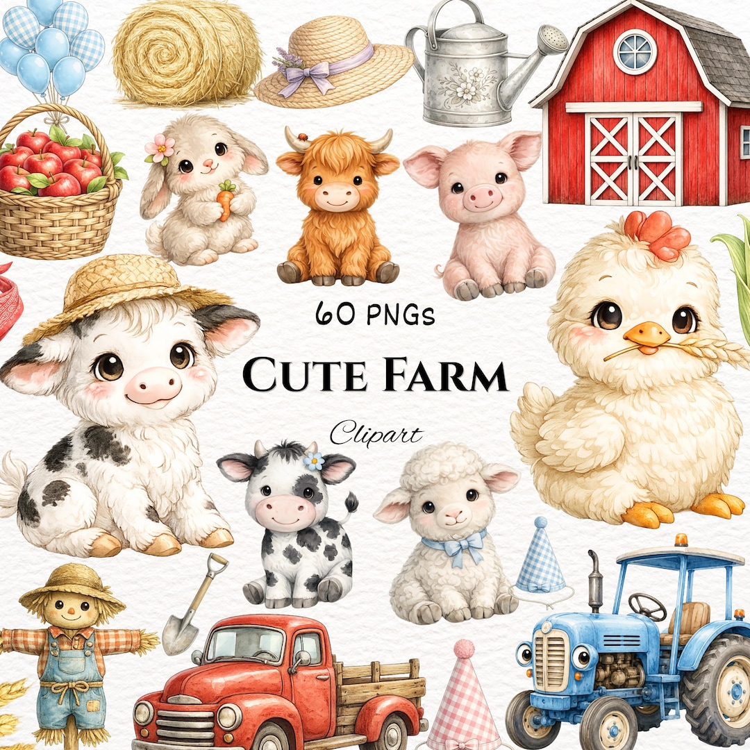 Cute Farm Clipart, Farm Animals PNG, Watercolor Clipart, Nursery Baby ...