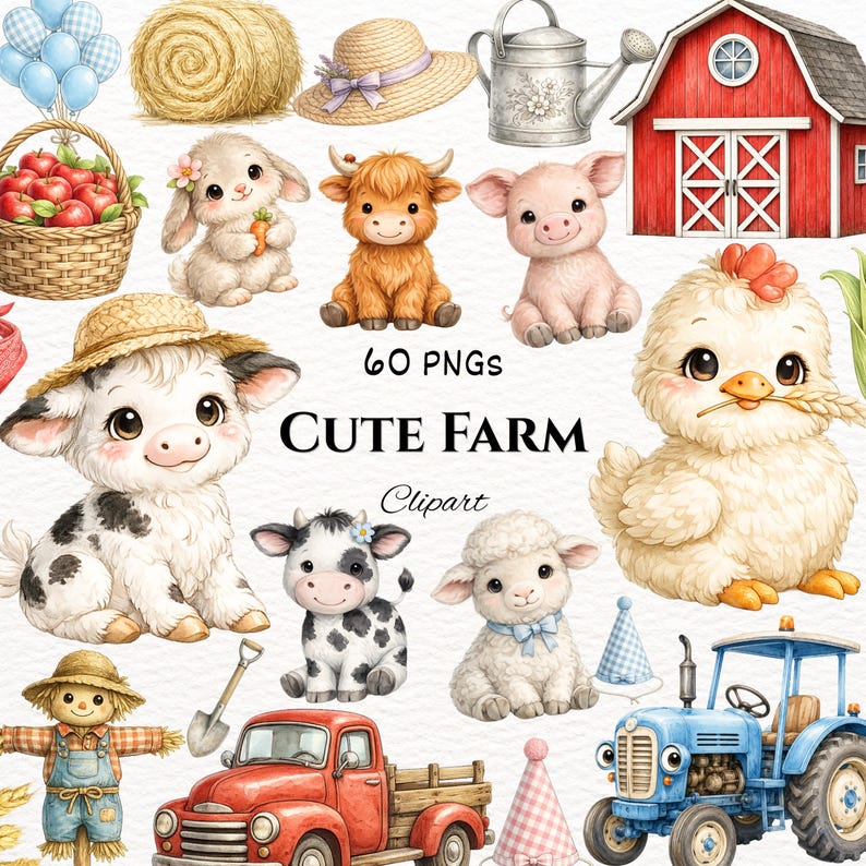 Cute Farm Clipart, Farm Animals PNG, Watercolor Clipart, Nursery Baby ...