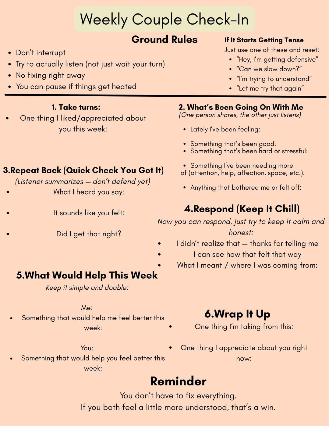 Couples Check in Worksheet | Relationship Communication Printable ...