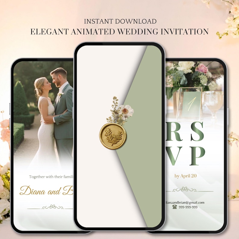 Digital Wedding Invitation, Canva Template, Elegant Sage Green Video ...