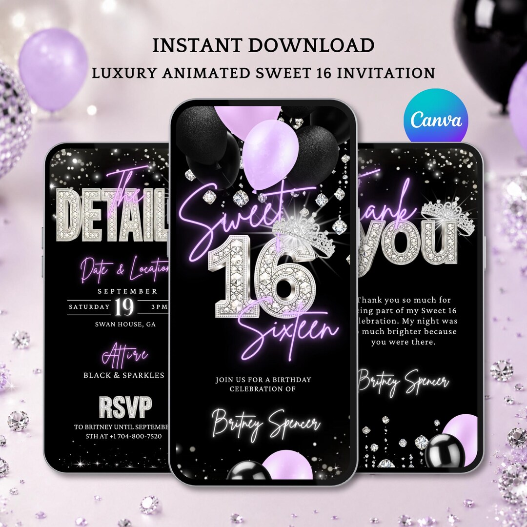 Sweet Sixteen Invitation, Canva Template, Luxury Animated Purple Invite ...
