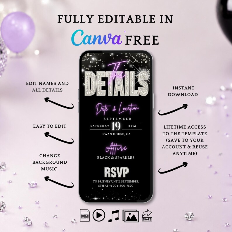 Sweet Sixteen Invitation, Canva Template, Luxury Animated Purple Invite ...