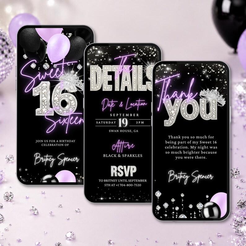 Sweet Sixteen Invitation, Canva Template, Luxury Animated Purple Invite ...