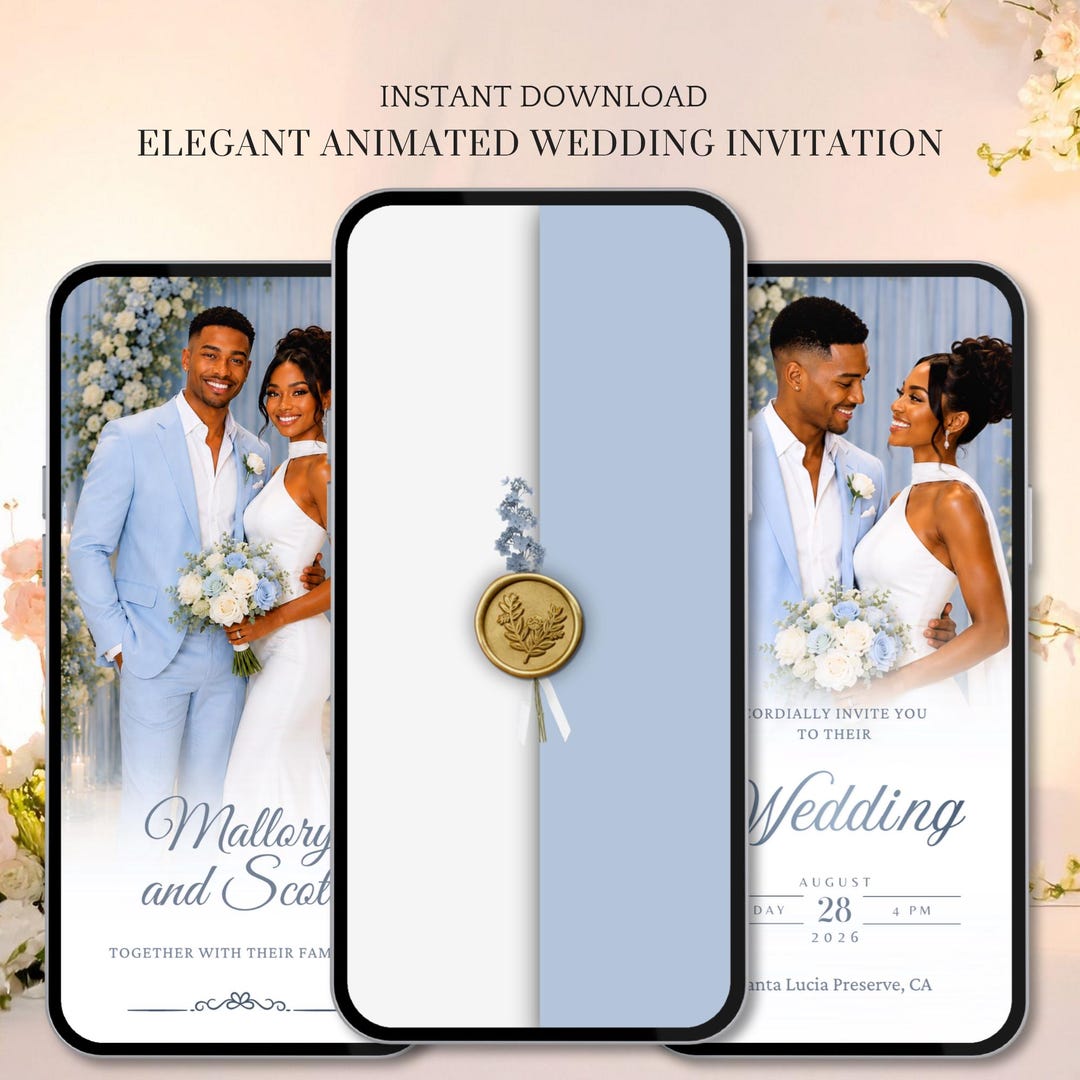 Dusty Blue Wedding Invitation, Modern Canva Template Video Invite ...