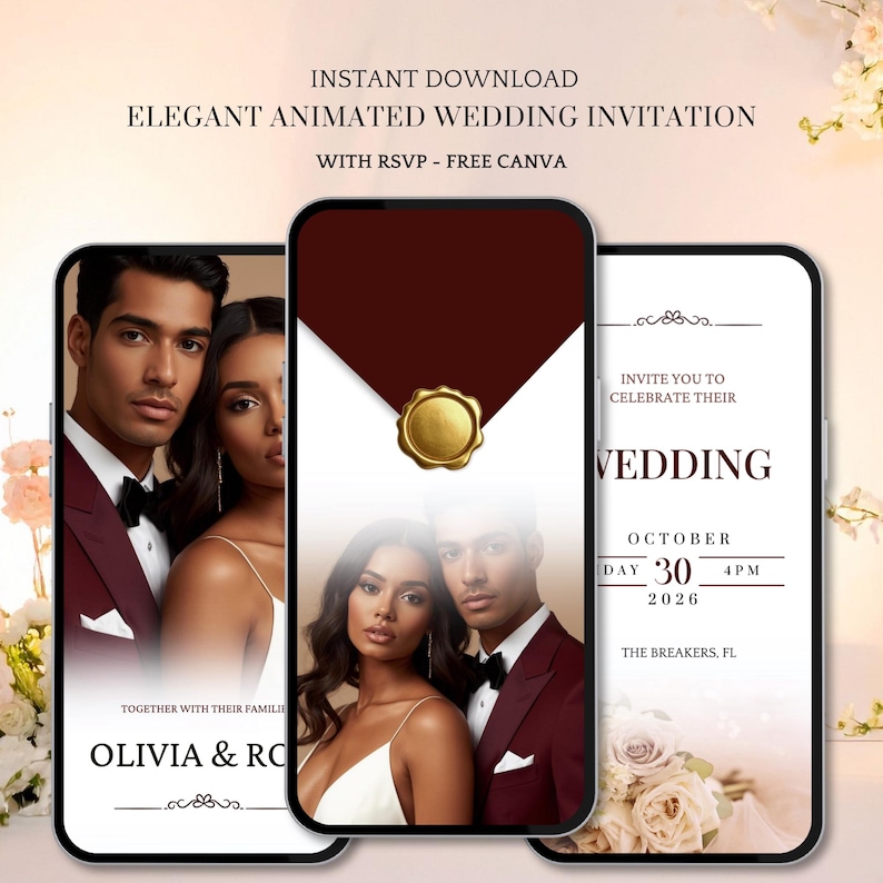 Electronic Wedding Invitation, Canva Template, Elegant Burgundy Video ...