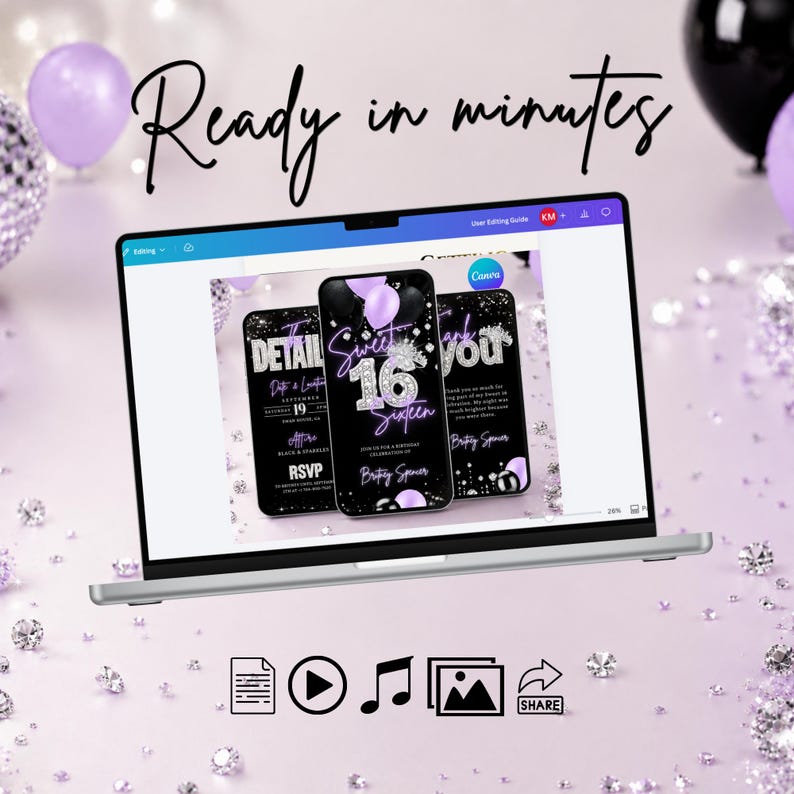 Sweet Sixteen Invitation, Canva Template, Luxury Animated Purple Invite ...