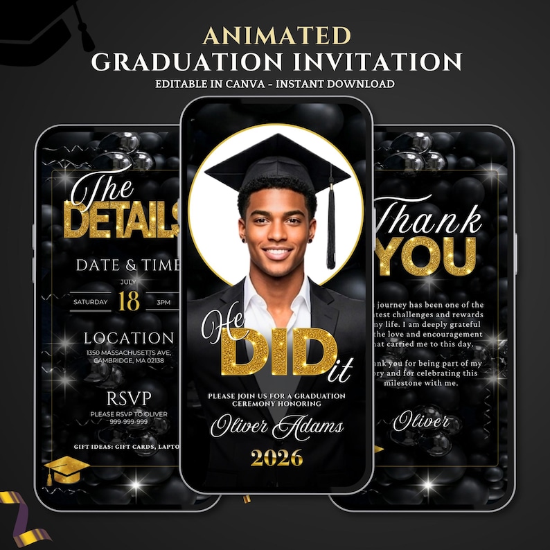 Animated Graduation Invite, Ceremony, Luxury Gold Graduation Party ...