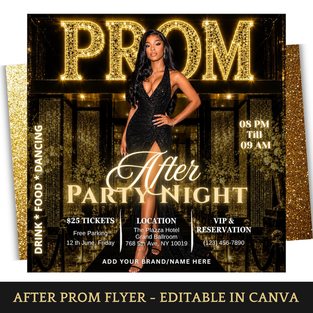 Elegant Gold After Prom Party Flyer Invite Canva Template, Glamourous ...