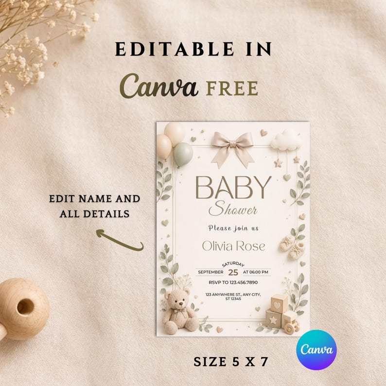 Baby Shower Invitation Template, Gender Neutral Teddy Bear Canva Invite ...