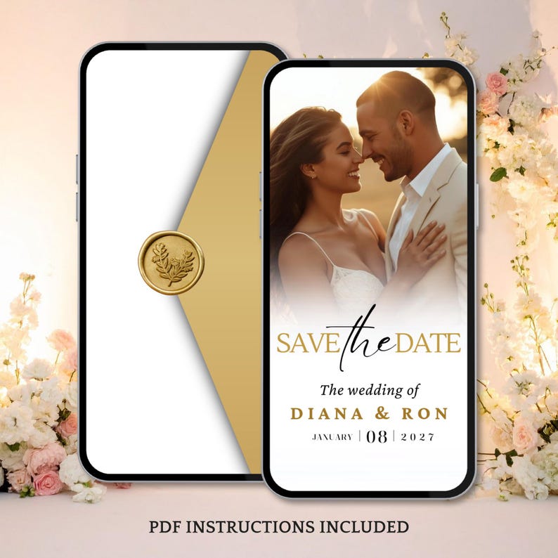 Save the Date Gold Wedding Invitation, Canva Template, Personalized ...