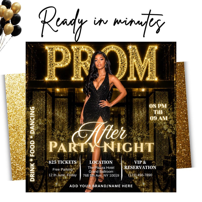 Elegant Gold After Prom Party Flyer Invite Canva Template, Glamourous ...