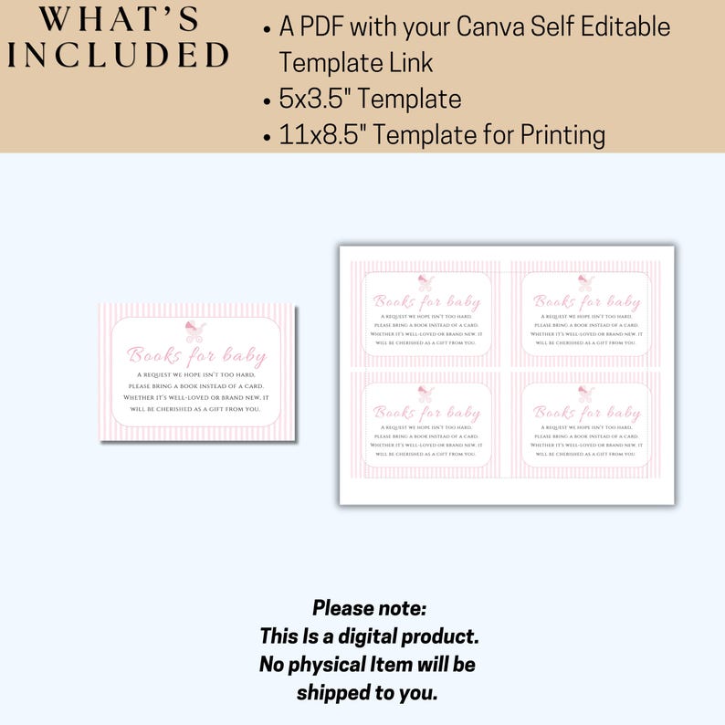 Pink Books for Baby Card, Baby Shower Insert, Editable Canva Template ...