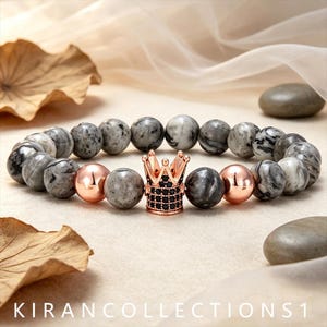 Rose Gold Black Diamond Crown Map Stone Stretch Bracelet, 8mm Natural ...