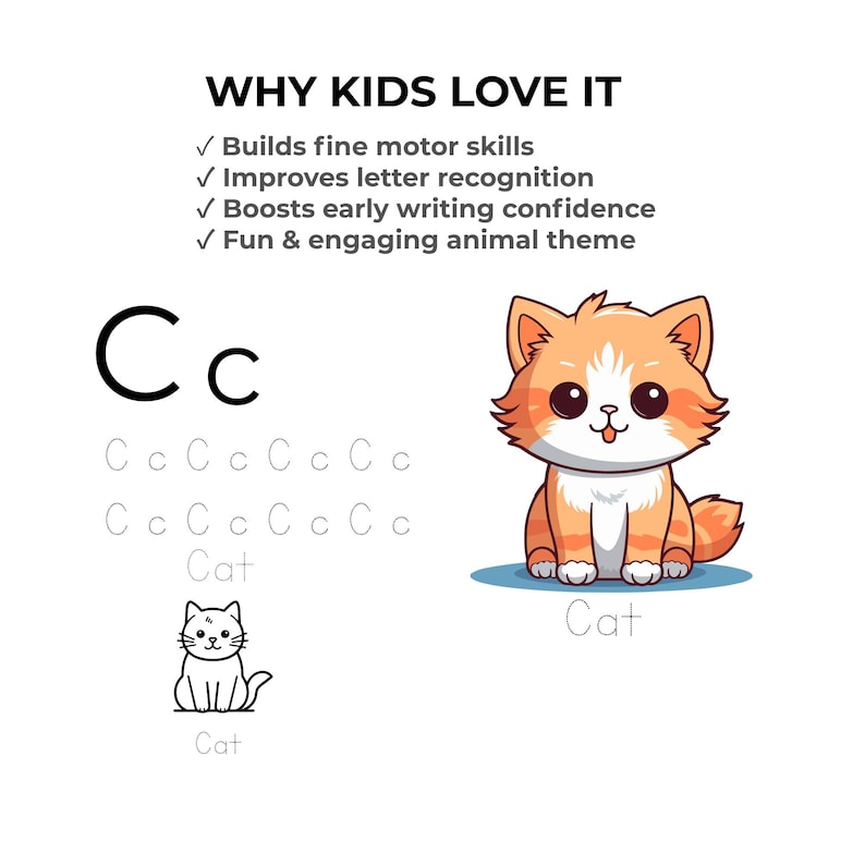 Letter C Tracing Worksheet, Cat Printable, Alphabet Practice for Kids ...