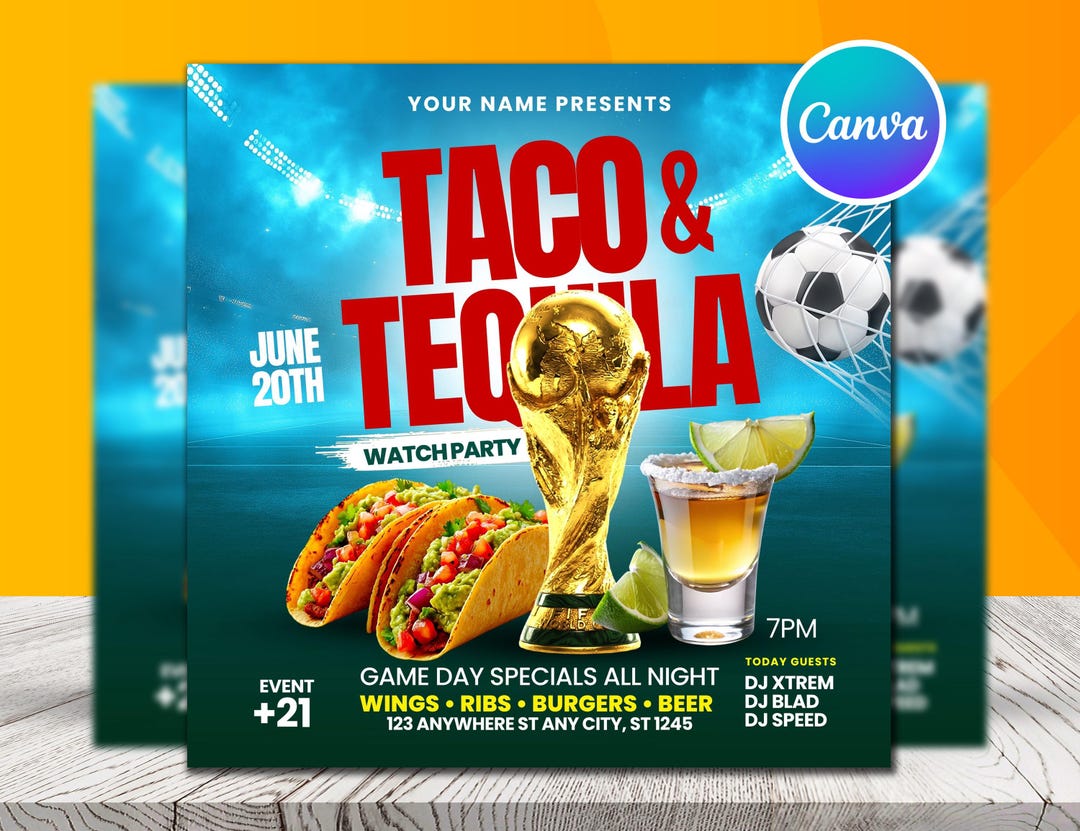 Taco Tequila Watch Party Flyer Canva Template, Soccer Event Promotion ...