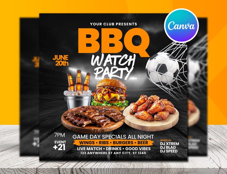 BBQ Watch Party Flyer Canva Template, Game Day Specials, Sports Bar ...