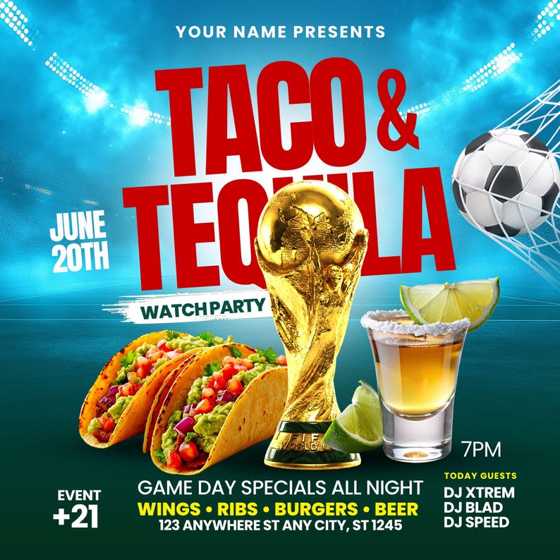 Taco Tequila Watch Party Flyer Canva Template, Soccer Event Promotion ...
