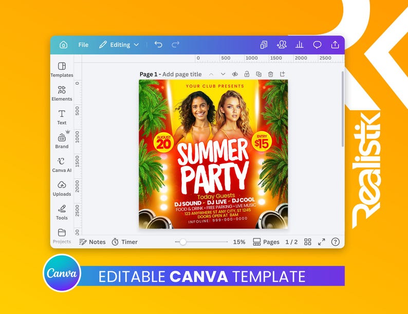 Tropical Summer Party Flyer Canva Template, Beach Event Canva Design ...