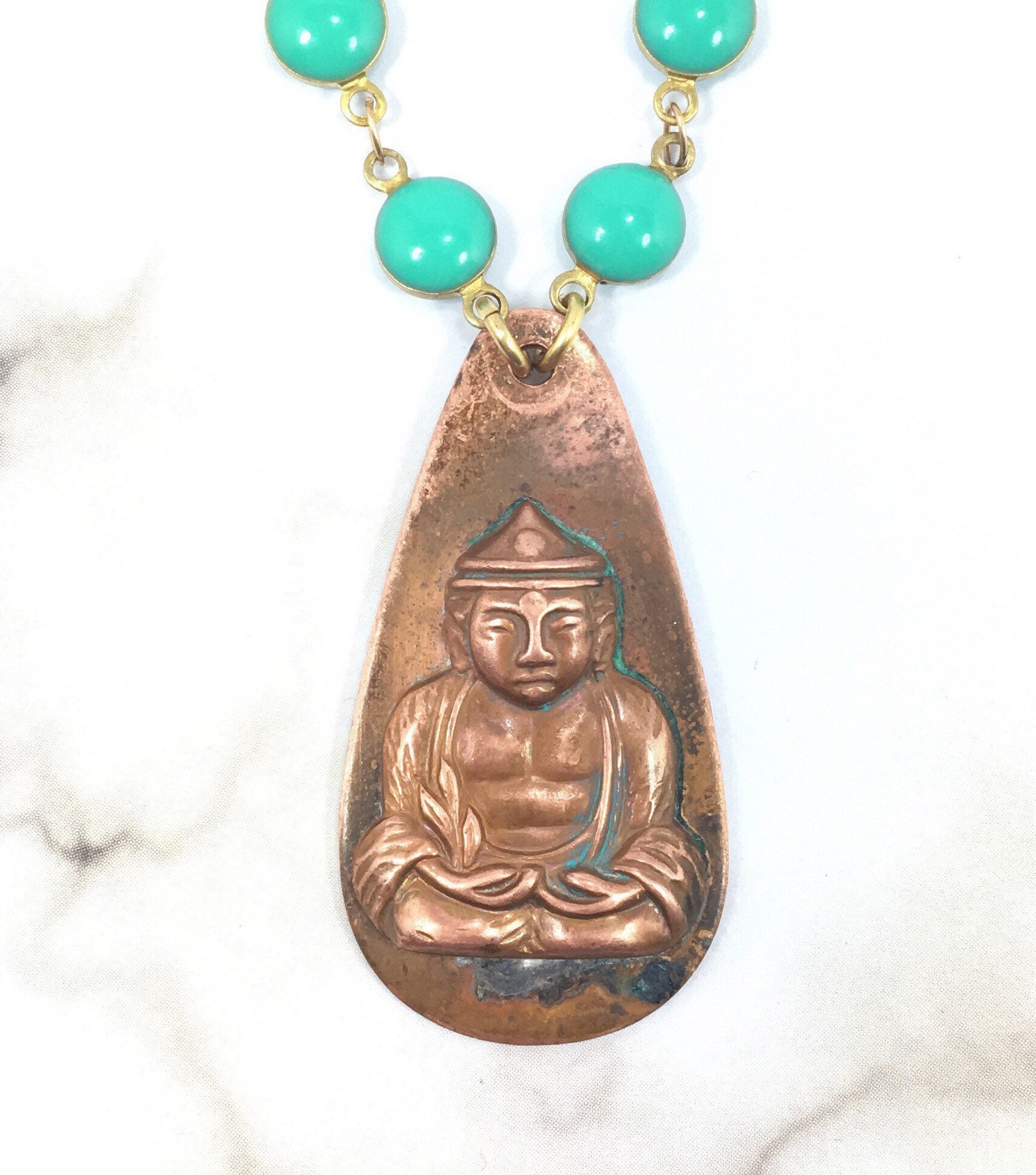 Vintage Copper Brass Buddha Pendant Necklace Blue Turquoise Enamel Coin ...