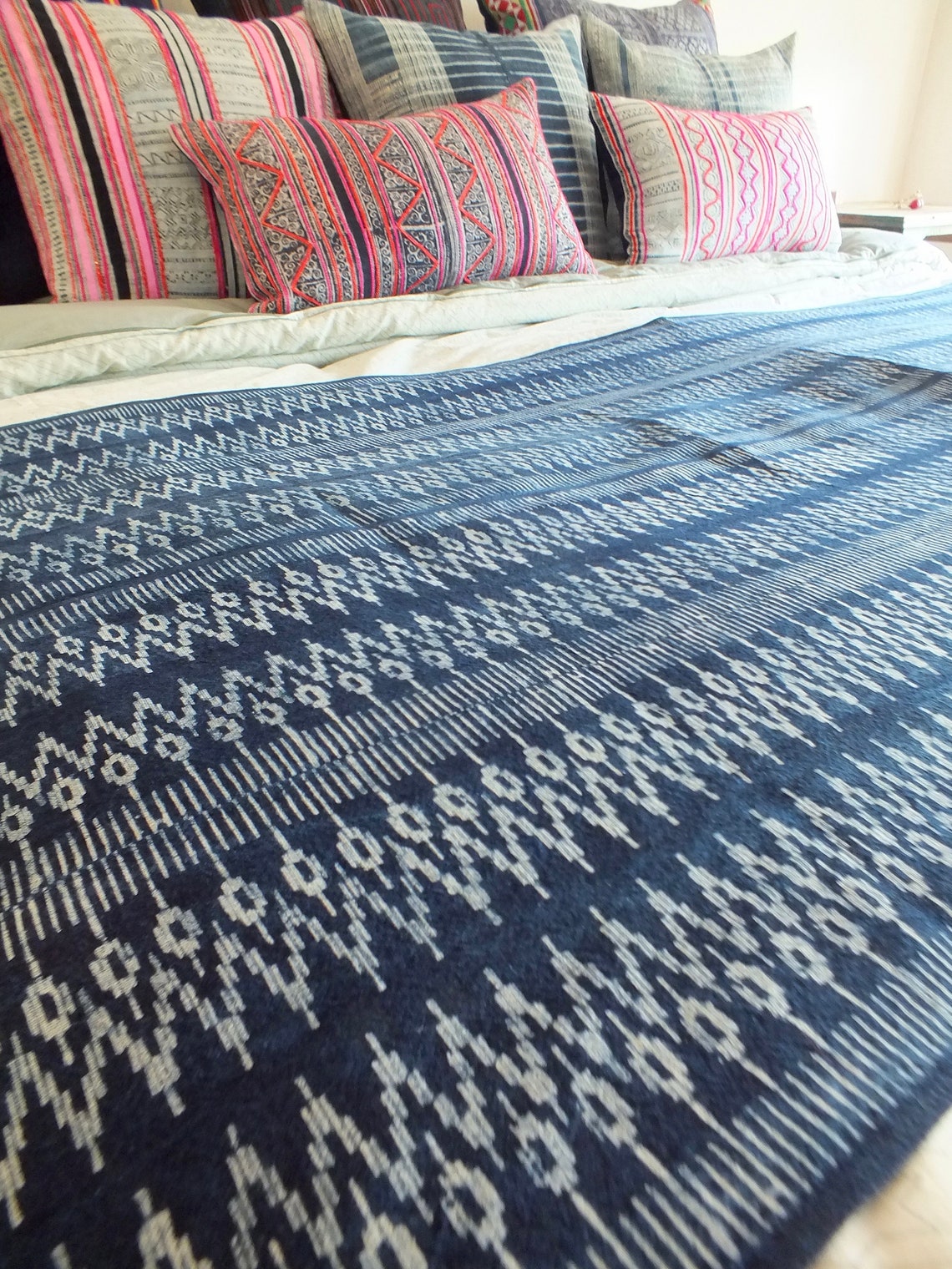 Blankets and throws blue Batik Hmong Vintage Style Handprinted | Etsy