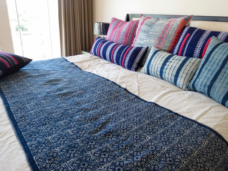 Handprinted Hmong Batik Cotton Fabric Blue Ethnic Table Runner Bed ...