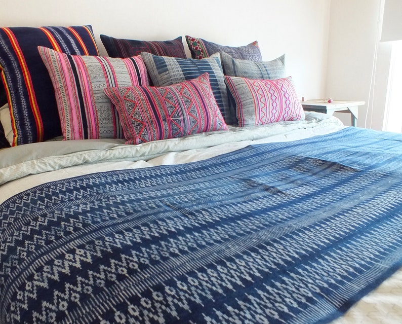 Blankets and Throws Blue Batik Hmong Vintage Style Handprinted Fabric ...