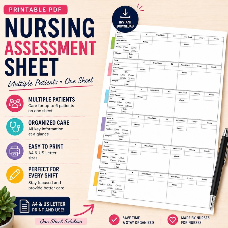 Nursing Assessment Sheet Printable PDF, Multi Patient Nurse Brain Sheet ...