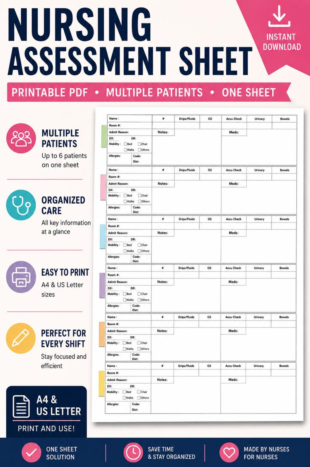 Nursing Assessment Sheet Printable PDF, Multi Patient Nurse Brain Sheet ...