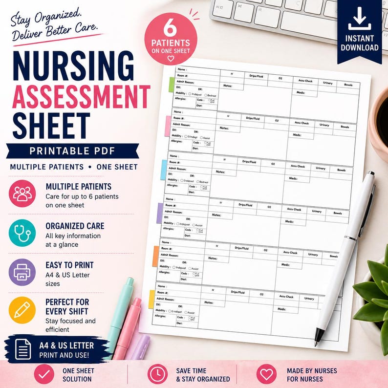Nursing Assessment Sheet Printable PDF, Multi Patient Nurse Brain Sheet ...