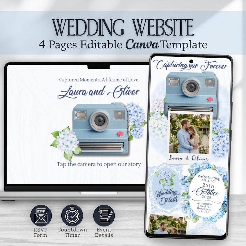 Dusty Blue Wedding Website Template Canva, Hydrangea Vintage Camera ...